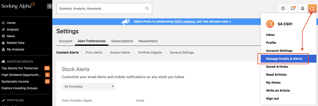 How Do I Manage My Email Alerts From Seeking Alpha?