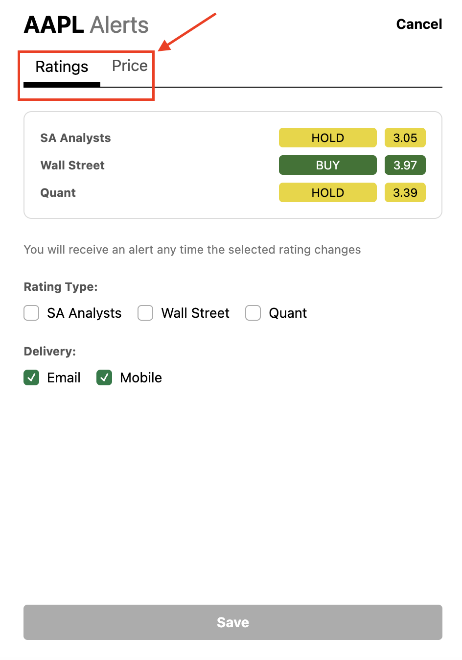 How Do I Set Up or Edit Rating Alerts for a Stock?
